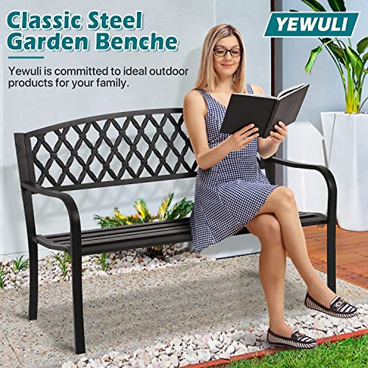 Yewuli 50" Metal Bench Outdoor Garden Benches Porch Patio Bench Weatherproof, Modern Park Benches for Outside Patio Furniture Loveseats Decor Cast Iron Frame, Black