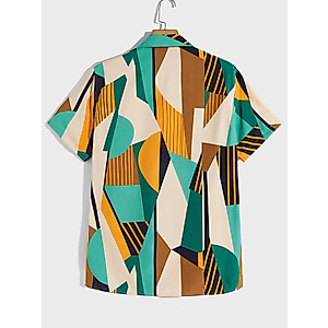 OYOANGLE Men's Casual Geo Graphic Print Short Sleeve Button Down Shirt Top Beach Shirts Green and White S