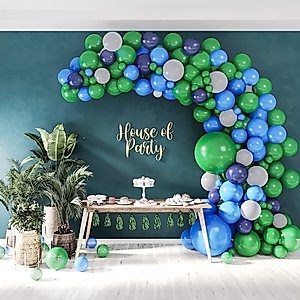 HOUSE OF PARTY Blue and Green Balloon Garland Kit 158 Pcs - Jurassic World Balloons for Baby Shower, Jungle Theme Party Decorations & Dinosaur Birthday Party Supplies