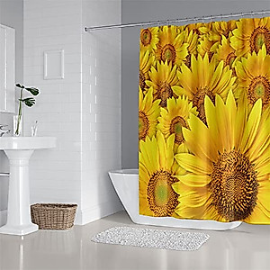 JIANGLANY Sunflower Shower Curtain with Rugs, Toilet Lid Cover Bath Mat, Rural Sunflower Bathroom Decor Set with Waterproof Curtain and Toilet Mats Set, 71x71 Inches (4)