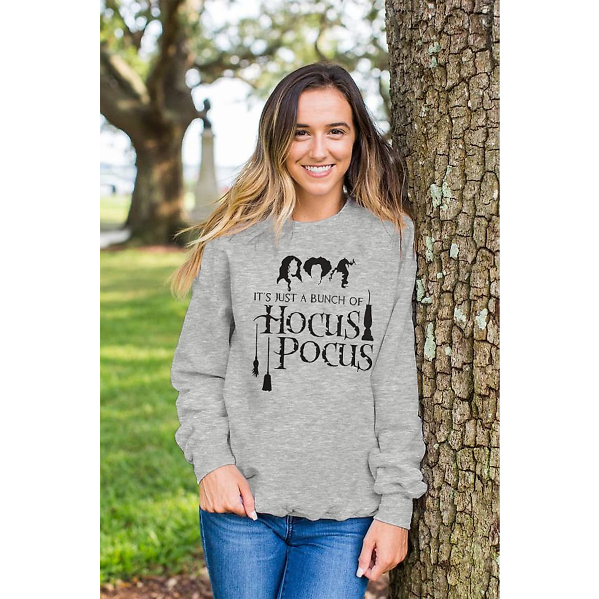KIDDAD It's Just A Bunch of Hocus Pocus T-Shirt Women Halloween Sanderson Sisters Long Sleeve Crewneck Casual Pullover Tops Light Gray