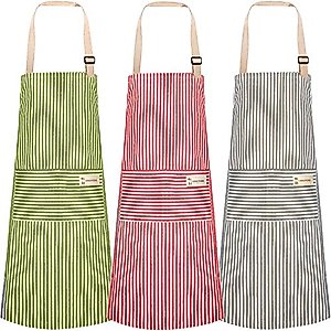 hatisan Cotton Linen Adjustable Bib Aprons with 2 Pockets Cooking Kitchen Aprons for Men Women (Stripe)