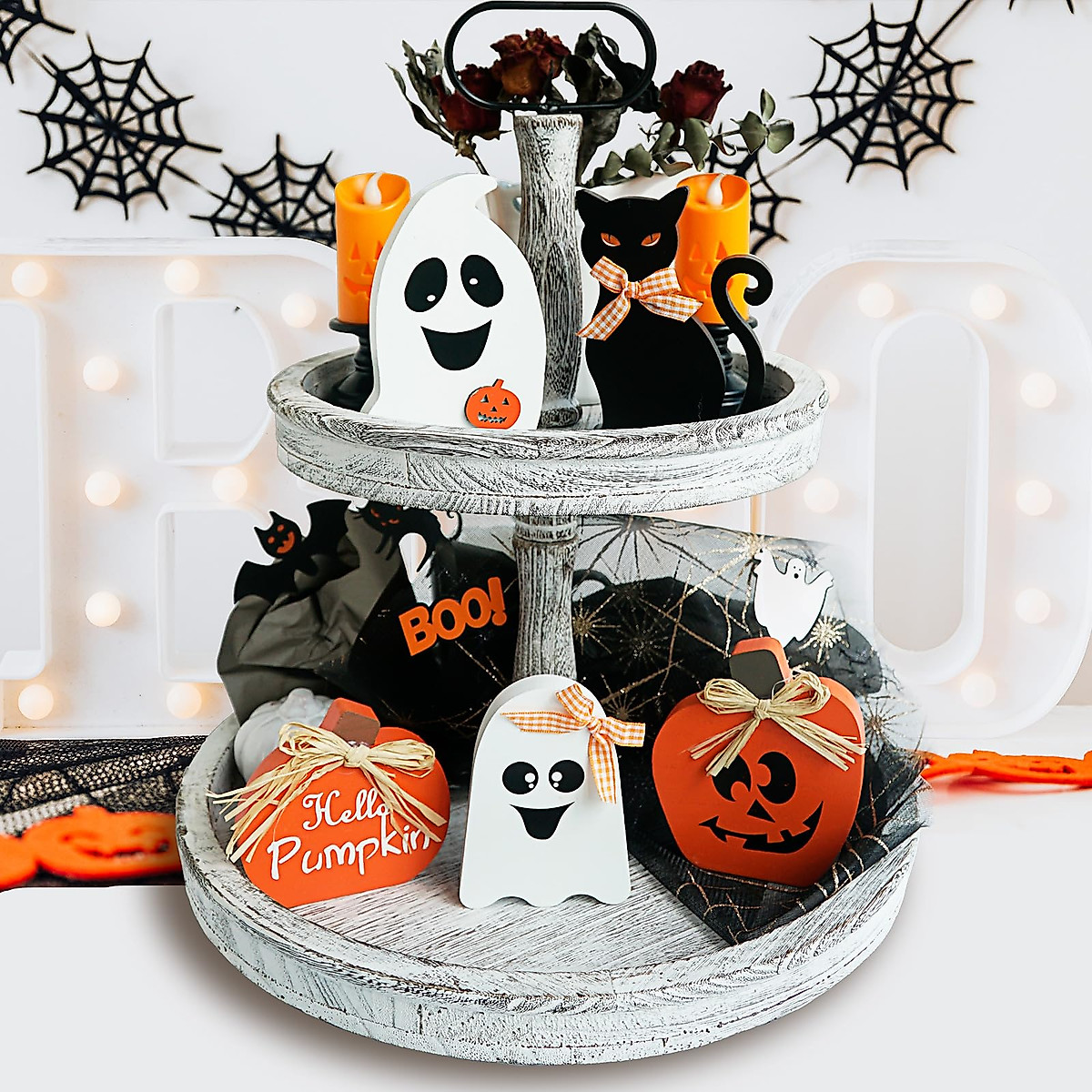Halloween Wood Signs Decorations Halloween Wooden Signs Pumpkin Ghost Black Cat Freestanding Table Signs, Halloween Tiered Tray Decor for Rustic Farmhouse Home Mantle