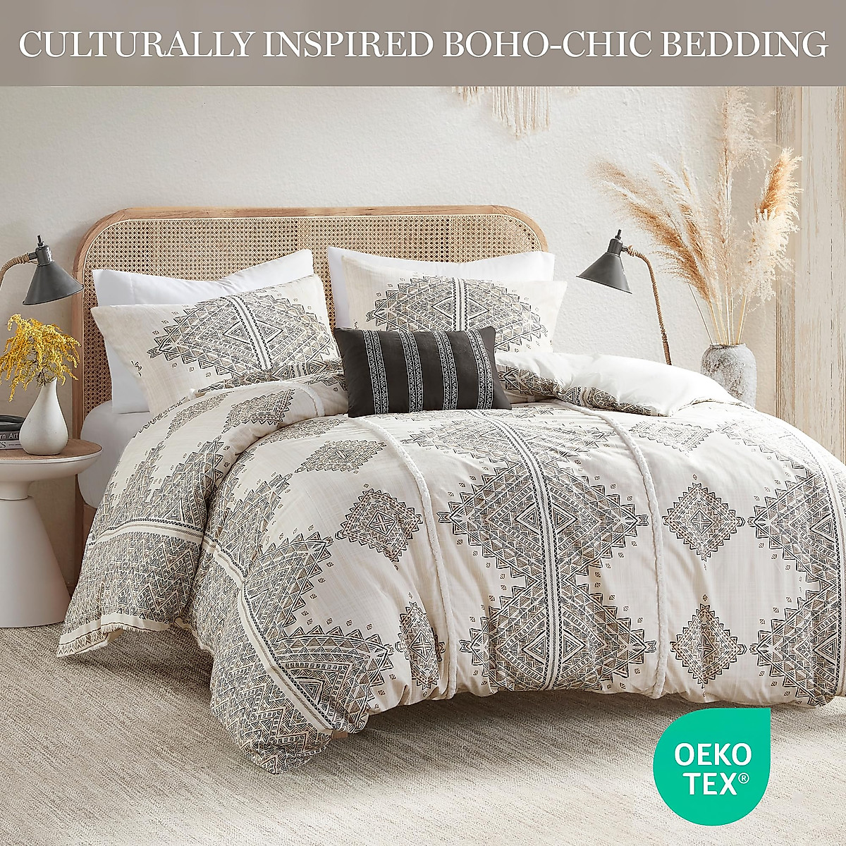 Madison Park King Duvet Cover Set, Boho Duvet Cover with Chenille Trims King Bedding Cover, All Seasons, Microfiber Bedding King Size, Pillow & Shams, Ibiza, King/Cal King, Black/Ivory 4 Piece