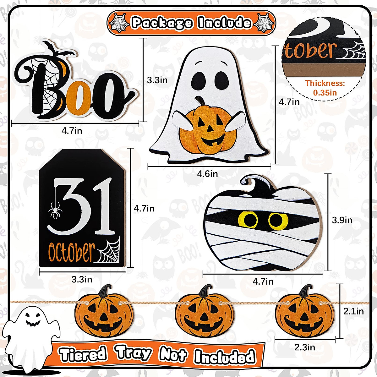 Guoofu Halloween Tiered Tray Decor, Farmhouse Tray Decorations, Funny Boo Ghost Mummy Pumpkin Wooden Signs, Halloween Scary Home Decor for Tabletop Shelf Mantel Party