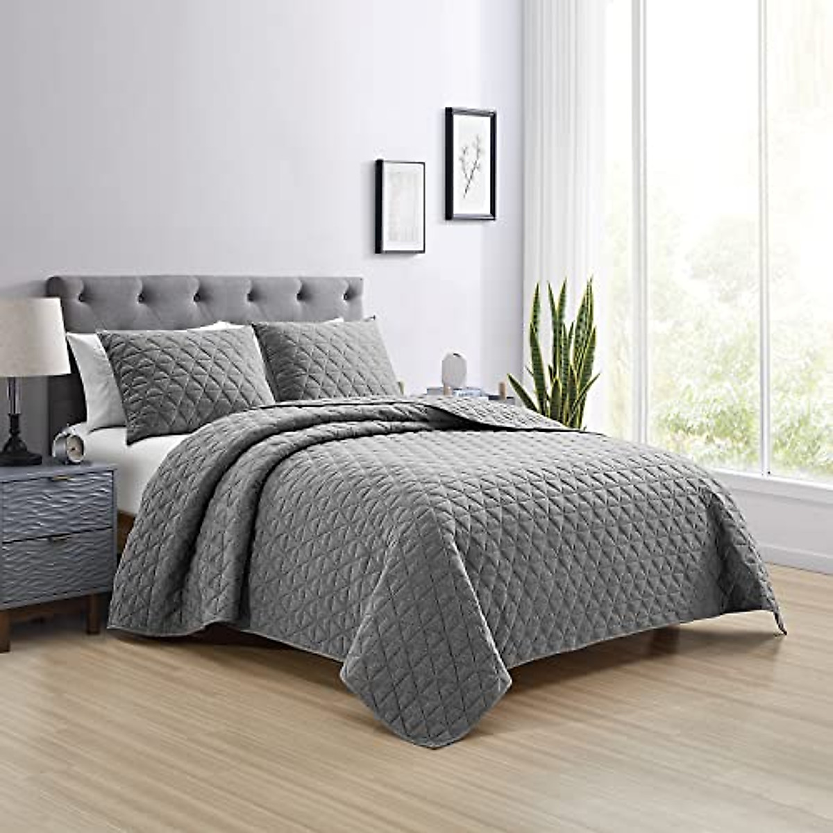Sunshine Nicole Knit Quilt Set, Cotton Jersey Fabric for Face and Reverse, with Light Weight Soft Poly Fill, 3 Pieces Grey, Queen