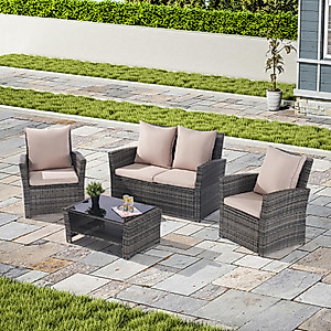 Patio Furniture Set 4 Pieces Outdoor Rattan Chair Wicker Sofa Garden Conversation Bistro Sets with Tempered Glass Coffee Table & Cushion for Porch, Yard, Pool, Backyard