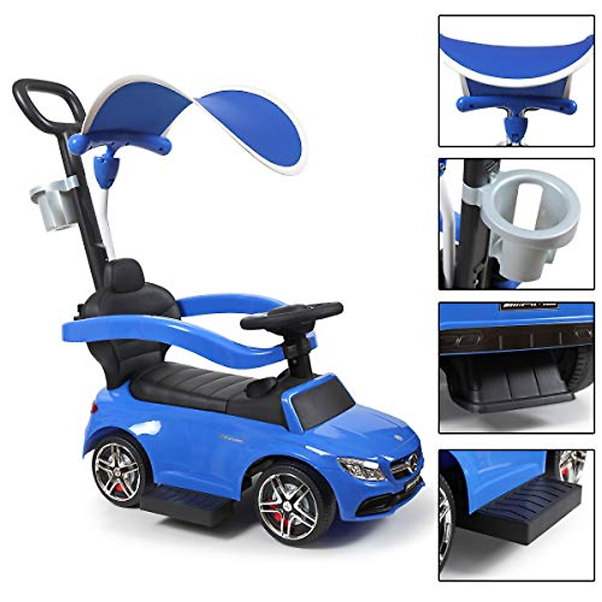 TOBBI Push Cars for Toddlers,3 in 1 Mercedes Benz Kid Ride on Toy Stroller Sliding Walking Car w/Removable Canopy,Handle, Safety Bar, Cup Holder,Horn Music,Under Seat Storage for Boys & Girls in Blue