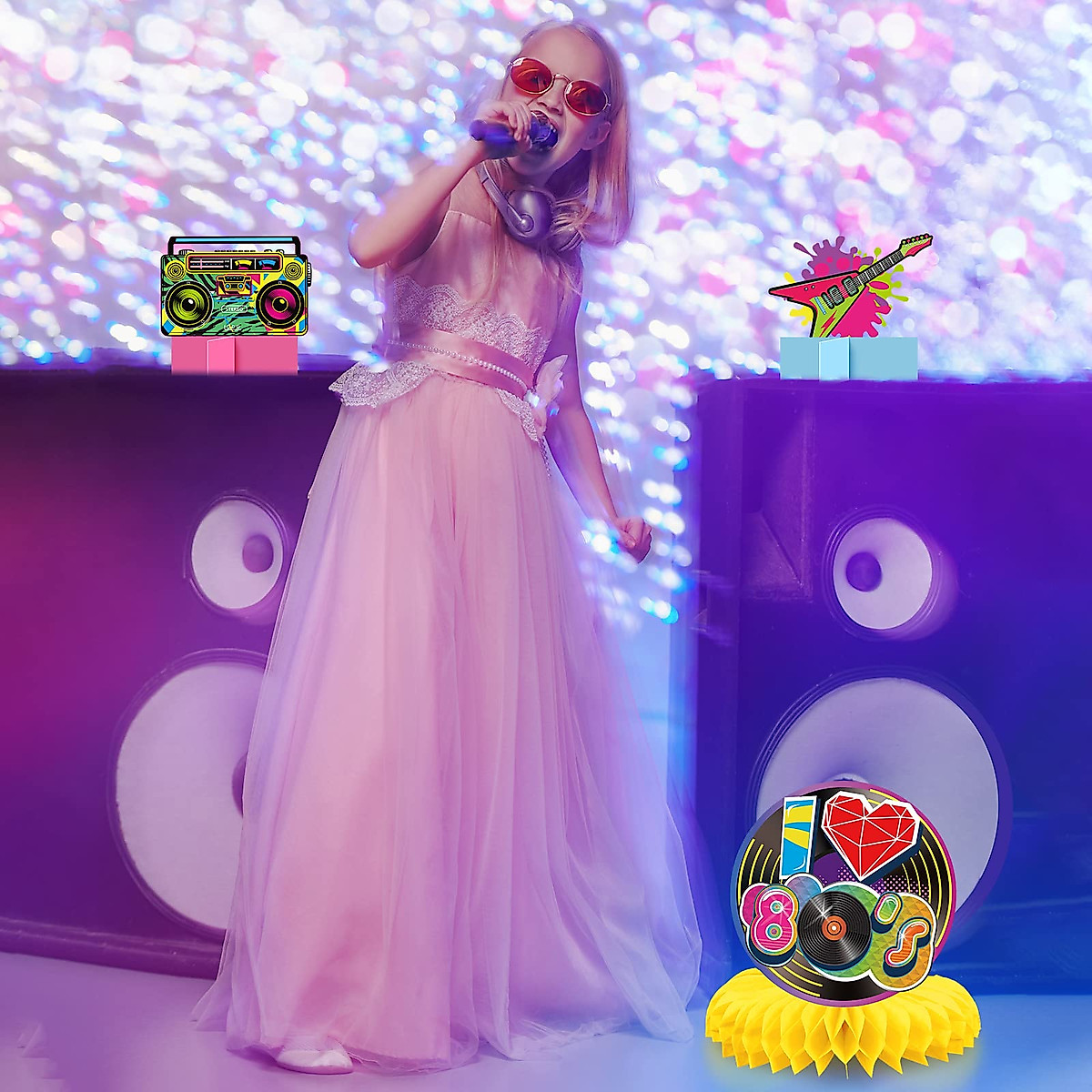 Pasimy 16 Pcs 80s Themed Honeycomb Centerpieces, 1980's Hip Hop Party Favors Retro Birthday party Table Toppers Centerpiece Photo Booth Props Decorations for Nostalgic Party Rock Hippie Party Supplies