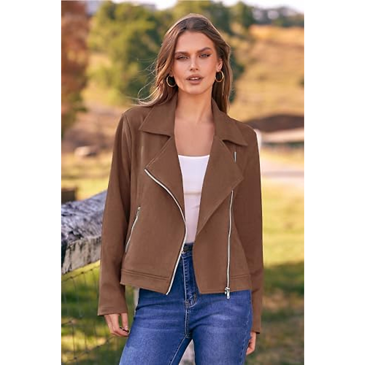 PRETTYGARDEN Women's Winter Faux Suede Moto Biker Jacket Long Sleeve Zip Up Lapel Y2K Short Coat with Pockets Fashion Dressy (Coffee,X-Large)