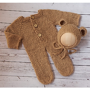 Vemonllas Newborn Photography Props Boys Girls Outfits Mohair Bear Hat Bonnet & Footed Romper Bodysuit Photoshoot Costume Set (Camel)