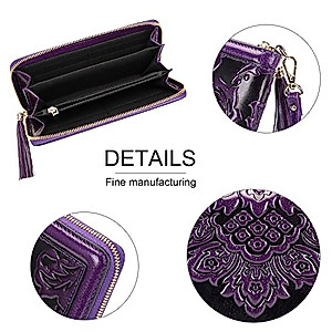 PIJUSHI Leather Wallets For Women Floral Wristlet Wallet Card Holder Purse (91853 Purple)