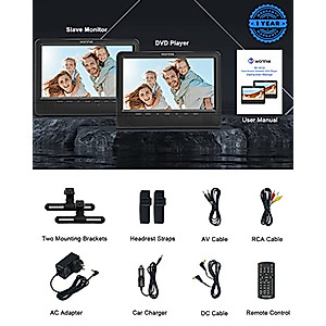 WONNIE 10.1'' Dual Car DVD Player Portable Headrest Video Players for Kids with 2 Mounting Brackets, 5 Hours Rechargeable Battery, Support USB/SD, AV Out& in, Last Memory(1 Player+1 Monitor)