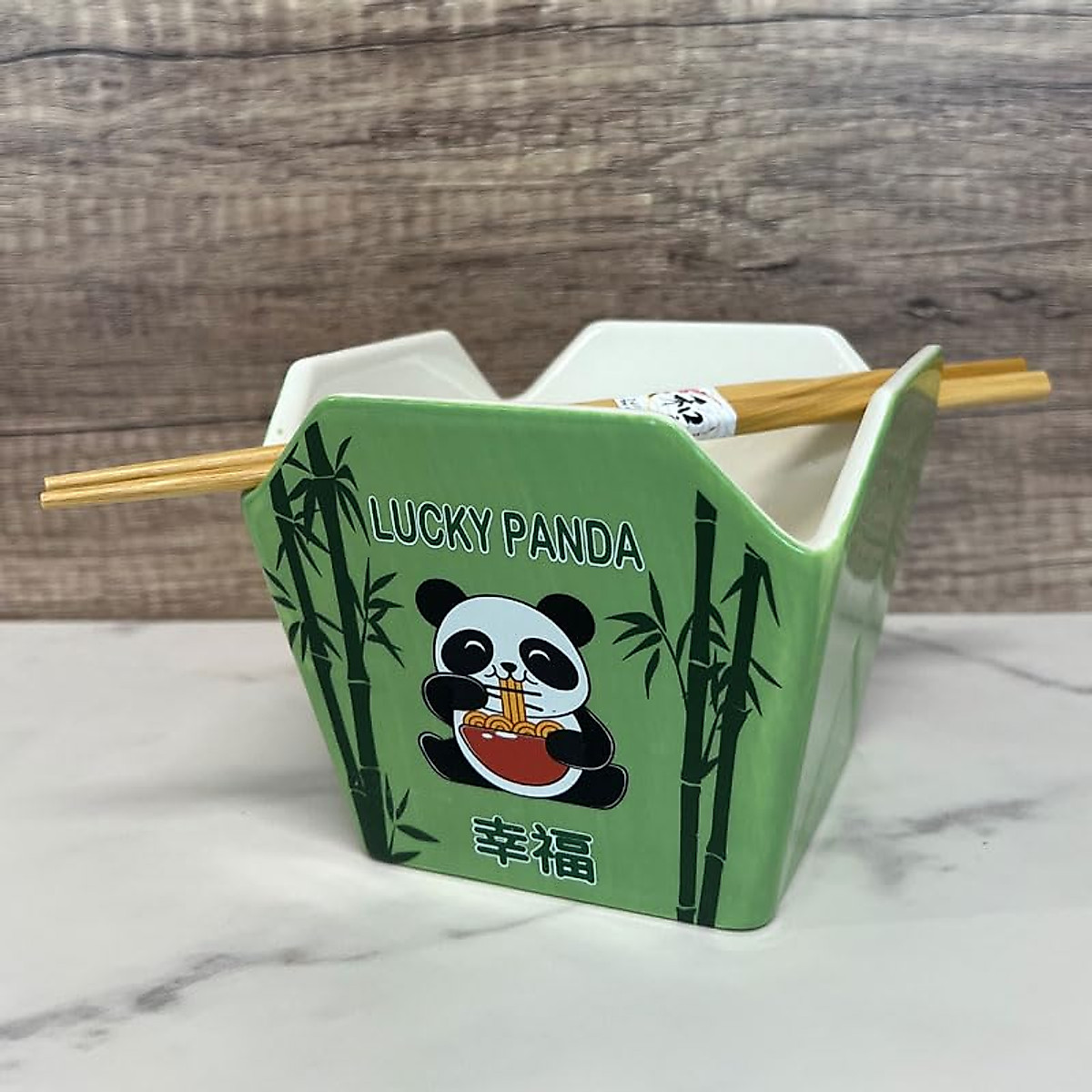 Urban Tokyo Chinese Takeout Box Style Porcelain Bowl With Chopsticks 18 fl oz Square Box Shape Rice Noodles Pasta To Go Box Shaped Bowl Microwave Dishwasher Safe (Hungry Panda)