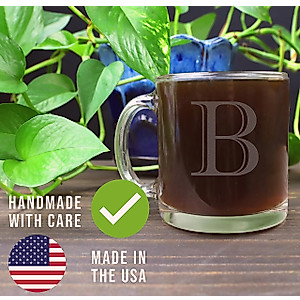 Etched Monogram 12oz Clear Glass Coffee Mug (Letter B), A-Z Customized Gifts for Coffee Lovers, Custom Engraved Gifts for Women Her, Personalized Gift for Men, Initial
