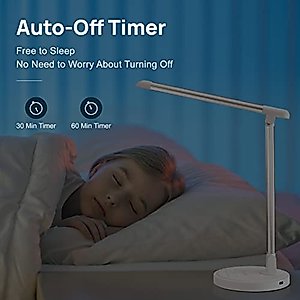 Consciot 12W LED Desk Lamp with USB Charging Port, 5 Lighting Modes 7 Brightness Levels, Dimmable and Adjustable, Touch-Sensitive Control, 30/60 min Auto Timer, White