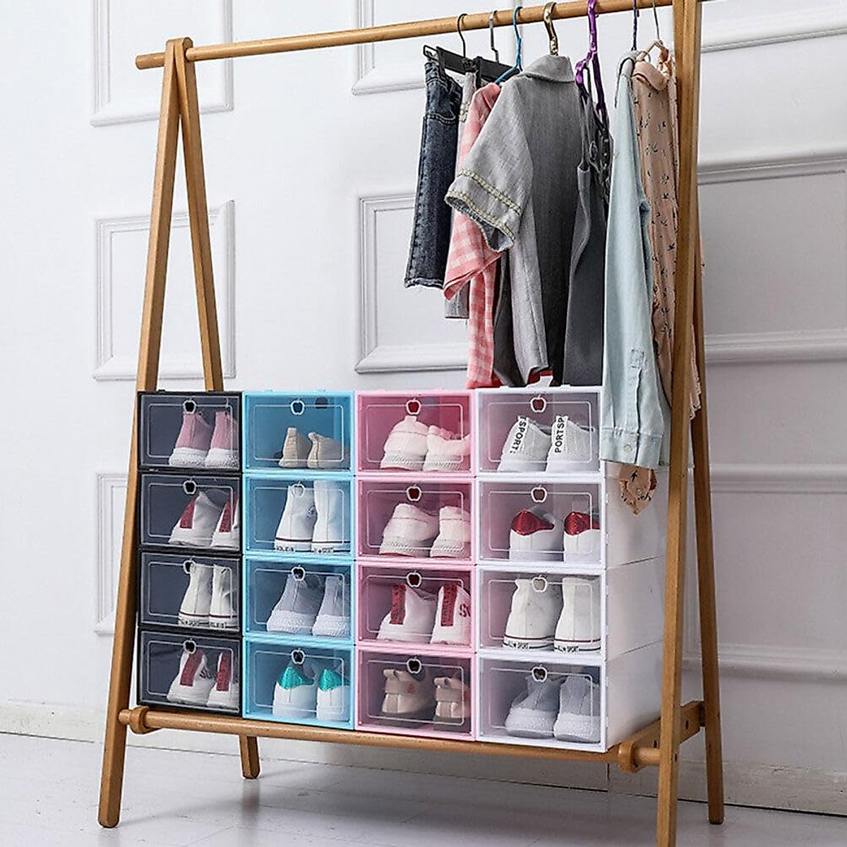 Hemoton Clear Shoe Organizer Plastic Shoe Box with Clear Door, 6pcs Plastic Stackable Shoe Organizer for Closet, Space Saving Foldable Shoe Rack Sneaker Container Bin Holder