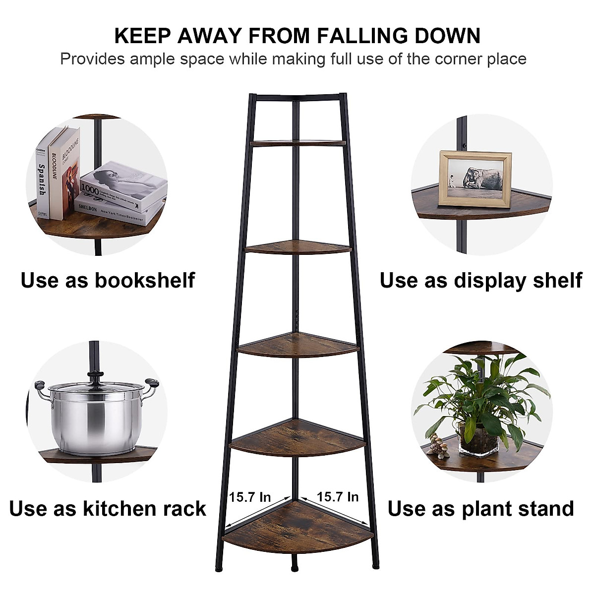 NAIYUFA Industrial Corner Shelf Stand,5 Tier Corner Shelf,Modern Corner Bookshelf Small Bookcase, Rustic Tall Corner Ladder Bookcase Plant Stand for Living Room,Kitchen,Home Office