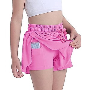KEREDA 3 Pack Flowy Shorts Girls Butterfly Shorts, Preppy Youth/Kids/Girls Athletic Shorts with Spandex Liner 2-in-1 for Running, Sports, Fitness,Tennis 9-10Y (Black-White-Hot Pink)