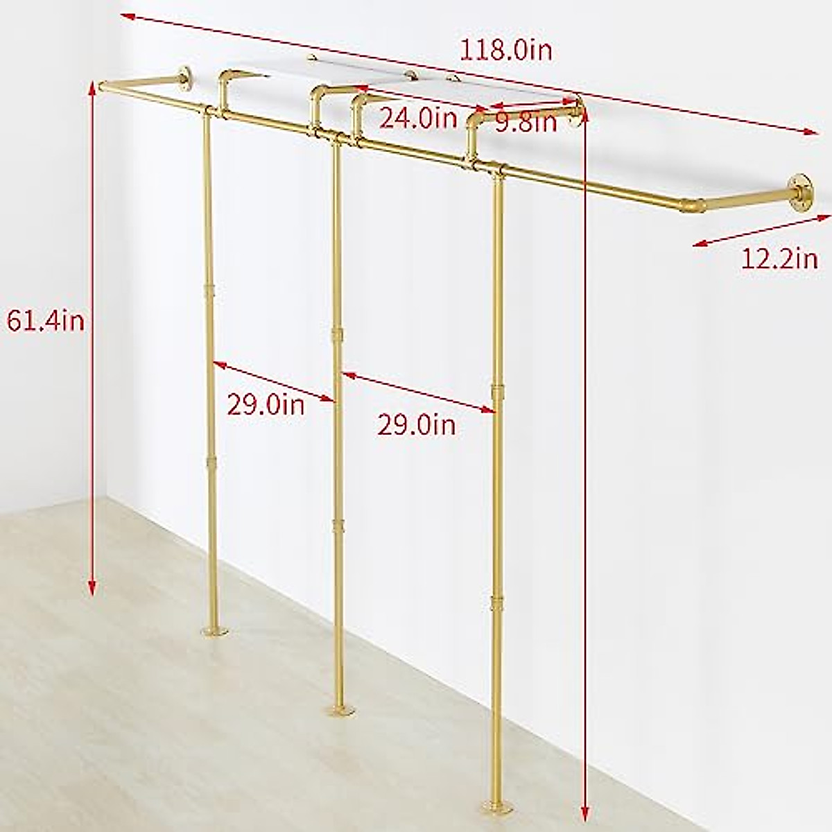 WJJAYY Wall Mounted Gold pipe clothing rack with 3 T-Bar Design and Nano Gold Finish with 2 Wooden Shelves Heavy Duty Wall Mounted Gold Iron Garment Bar for Retail Display and Closet Storage