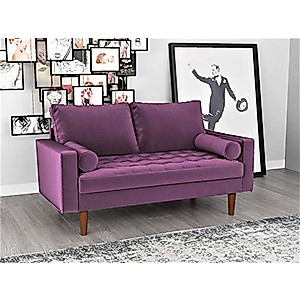 Container Furniture Direct Womble 58 Inch Velvet Loveseat Sofa with Elegant Button Tufted Upholstery, Square Arms, Splayed Wood Legs, Includes Matching Bolster Pillows, Ruby