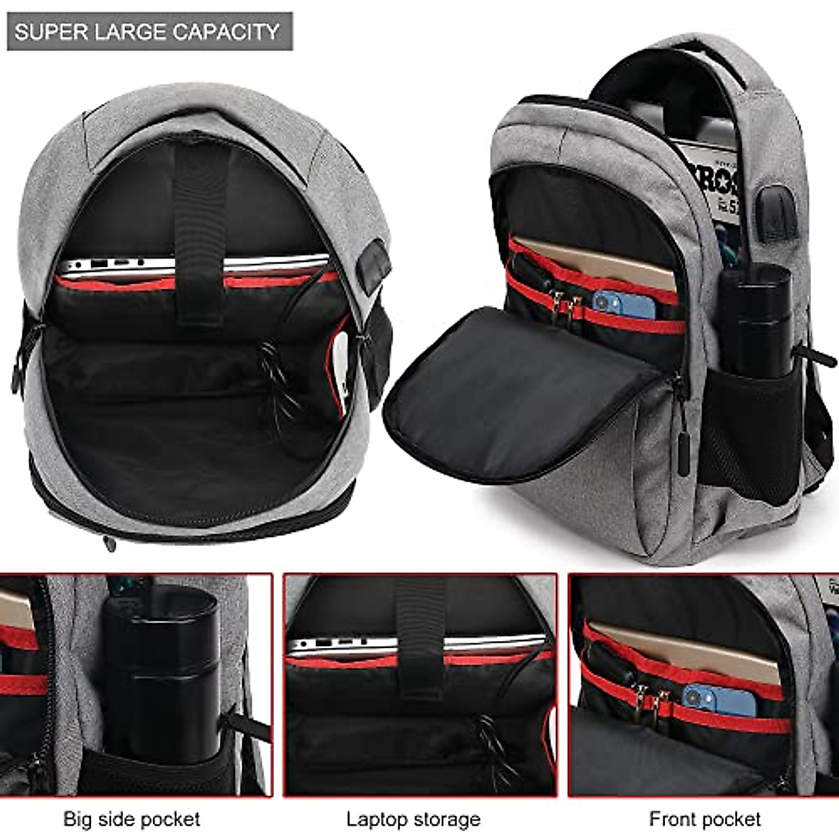 Extra Large Travel Laptop Backpack, Fit for 16 Inch Laptop with USB Charging Port, Headphone Port, 37L Waterproof Overnight Notebook Computer Backpack, Work Business College School Daybag (Grey)