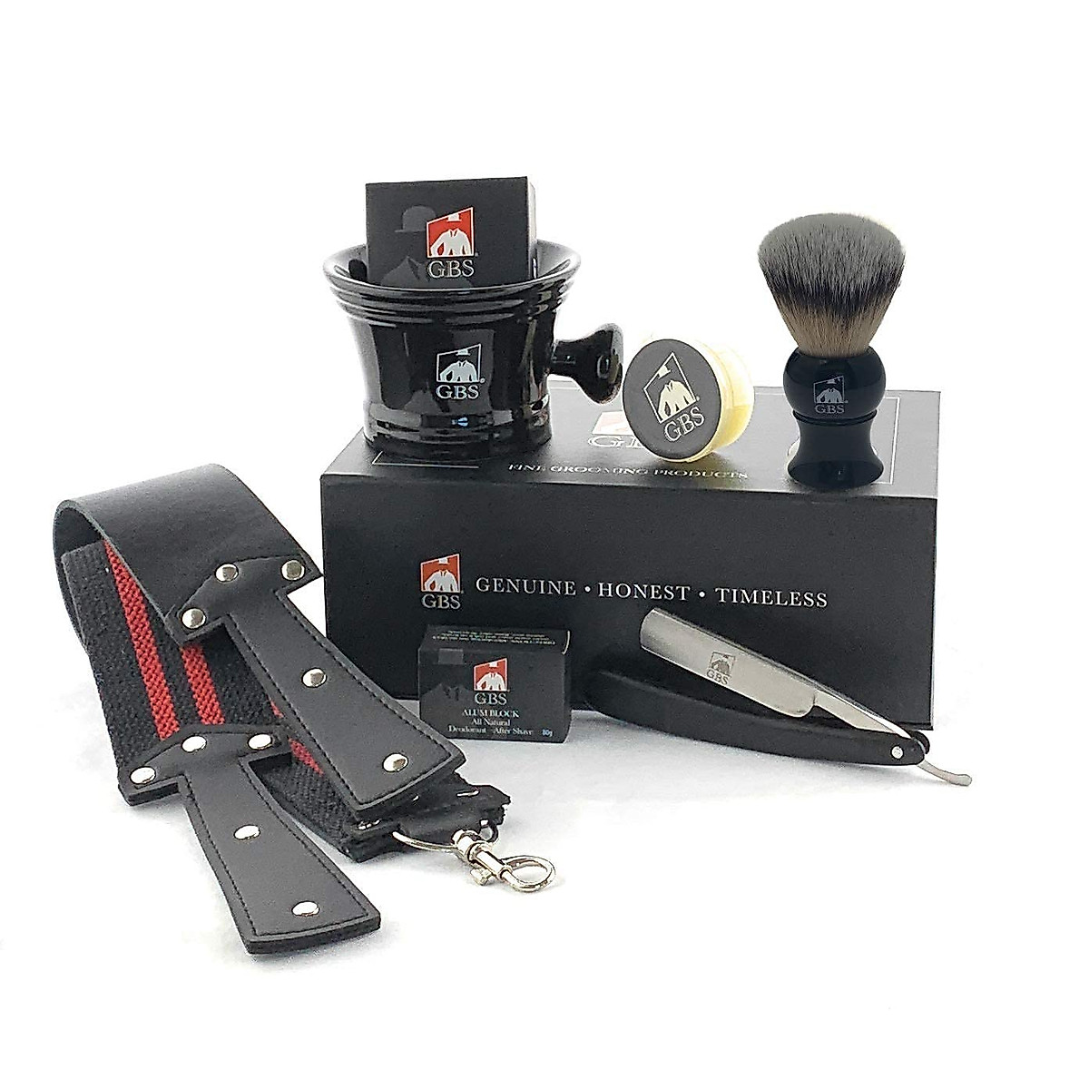 G.B.S Wood Straight Razor, Complete Beard, Shaving kit Box - Mug, Natural Soap, Brush, Alum Block, Strop