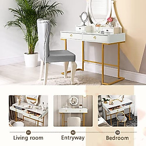 EROMMY Modern Makeup Vanity Dressing Table with Wood Top and Metal Frame, Vanity Desk with Drawers for Home Office, Bedroom, Gold-White