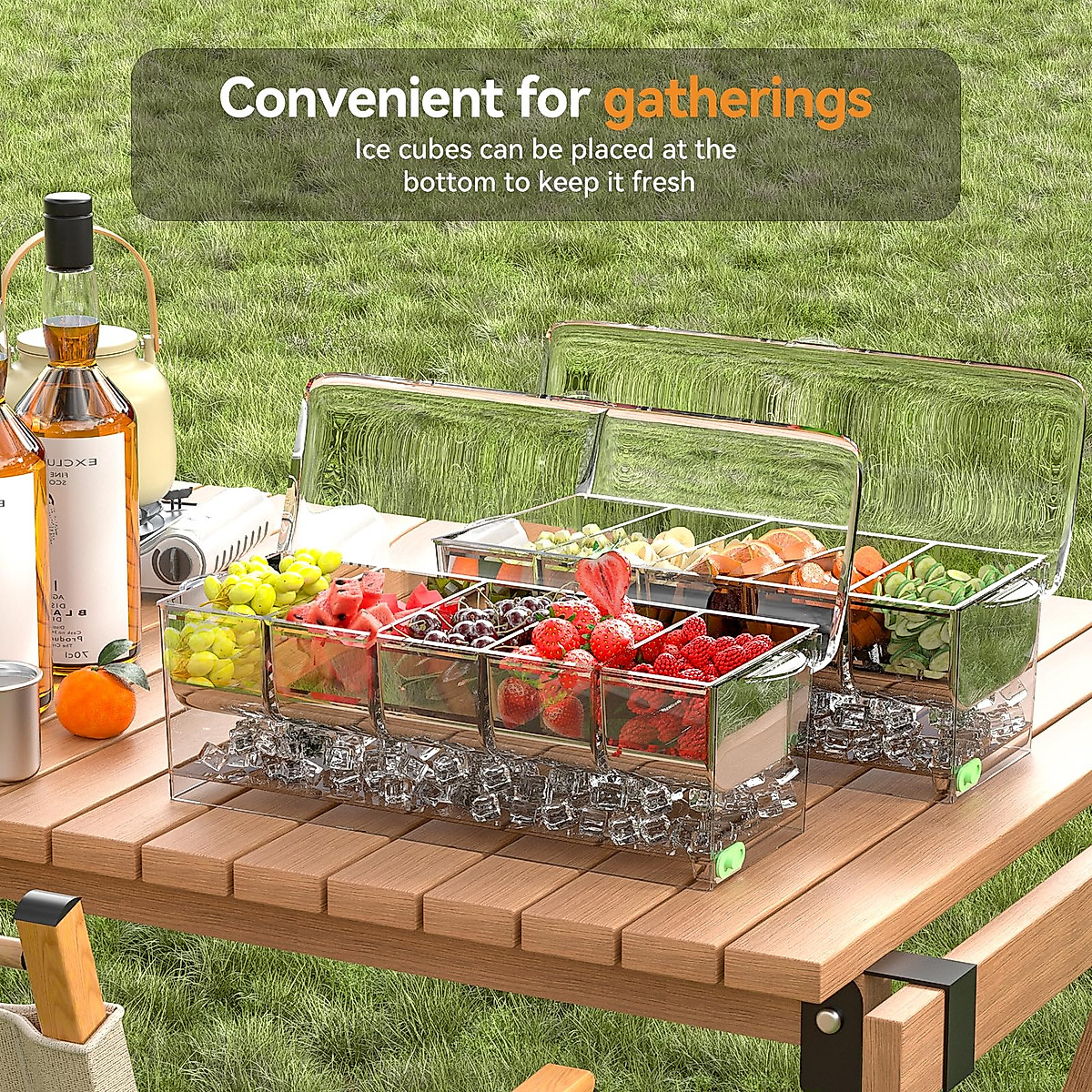 Dimber Chilled Condiment Server with Lid, Condiment Tray with Ice cube, 500 Forks, 2 Tongs and 6 Spoons,Condiment Caddy, Condiment Containers with Lids, Perfect for Salad Bar, Mimosa Bar, Fruit Tray