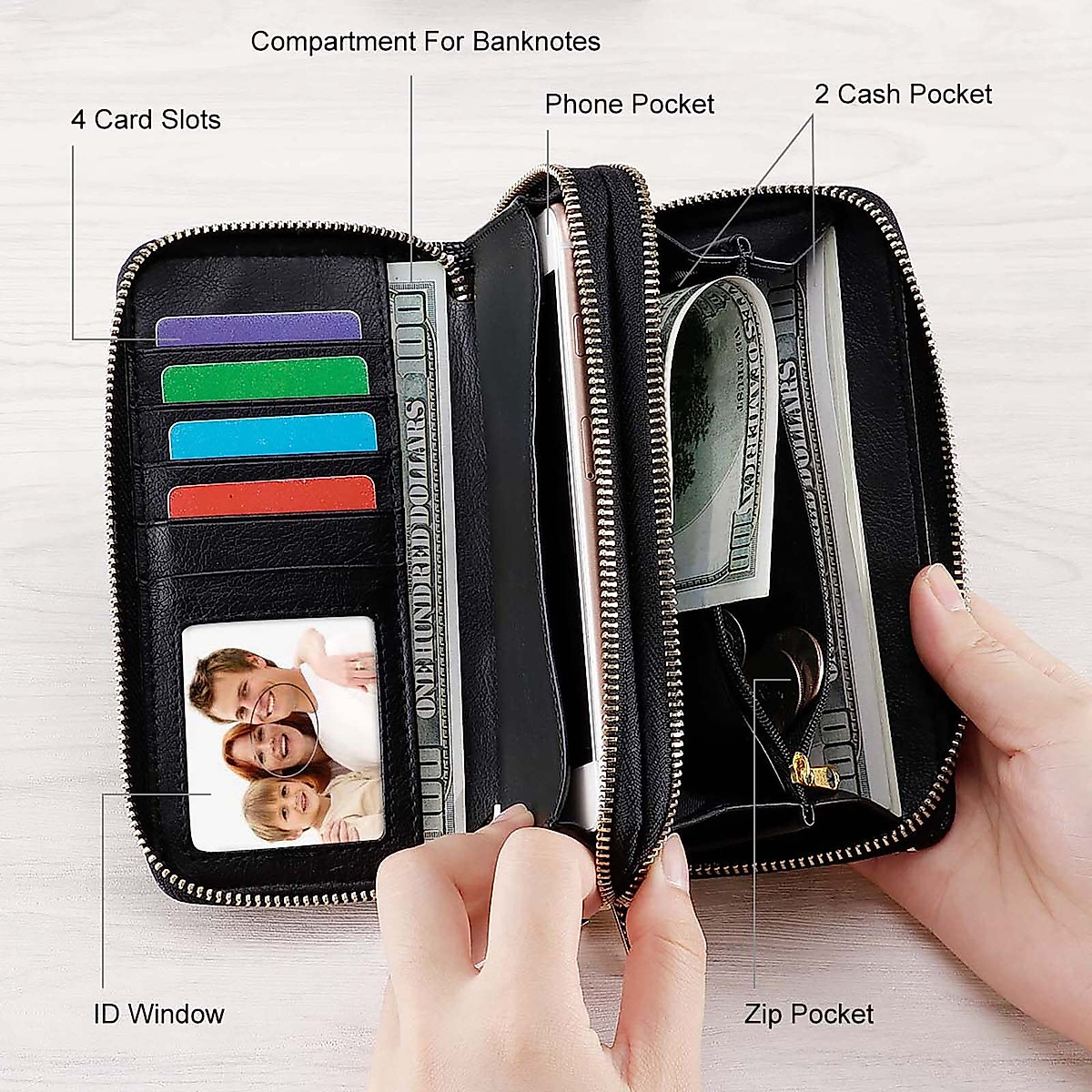 Kamo Womens Wallet Zip Around Phone Wallet Wristlet Travel Long Purse for Women Lady 6.9×3.5（Double Zipper）
