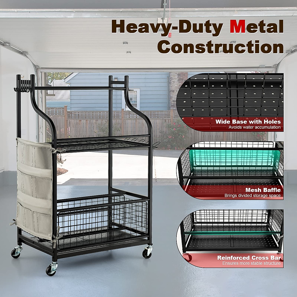 Goplus Garden Tool Organizer, 3-Tier Garage Tool Storage Cart w/Removable Hooks, Side Bag, Universal Wheels, Yard Tool Rack Holder, Metal Tool Rolling Cart for Shed, Lawn