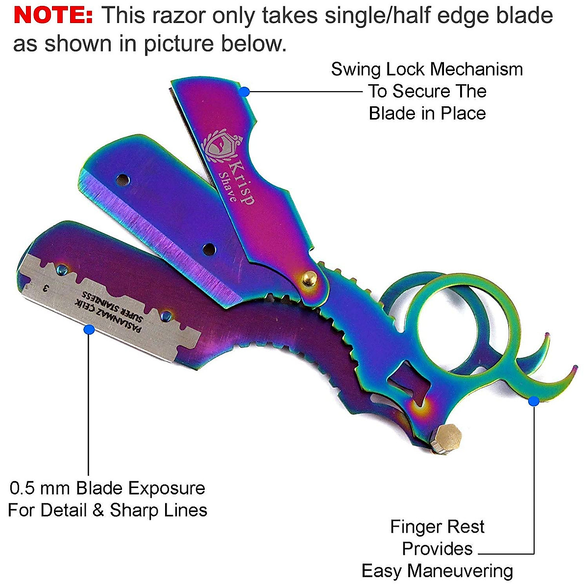 Professional Classic Straight Edge Barber Razor For Close Shaving -Salon Quality Men's Beard Cut Throat Finger Razor Shavette With 10 Shaving Blades By Krisp Shave (Titanium Multi-Color), 4.8 Inch