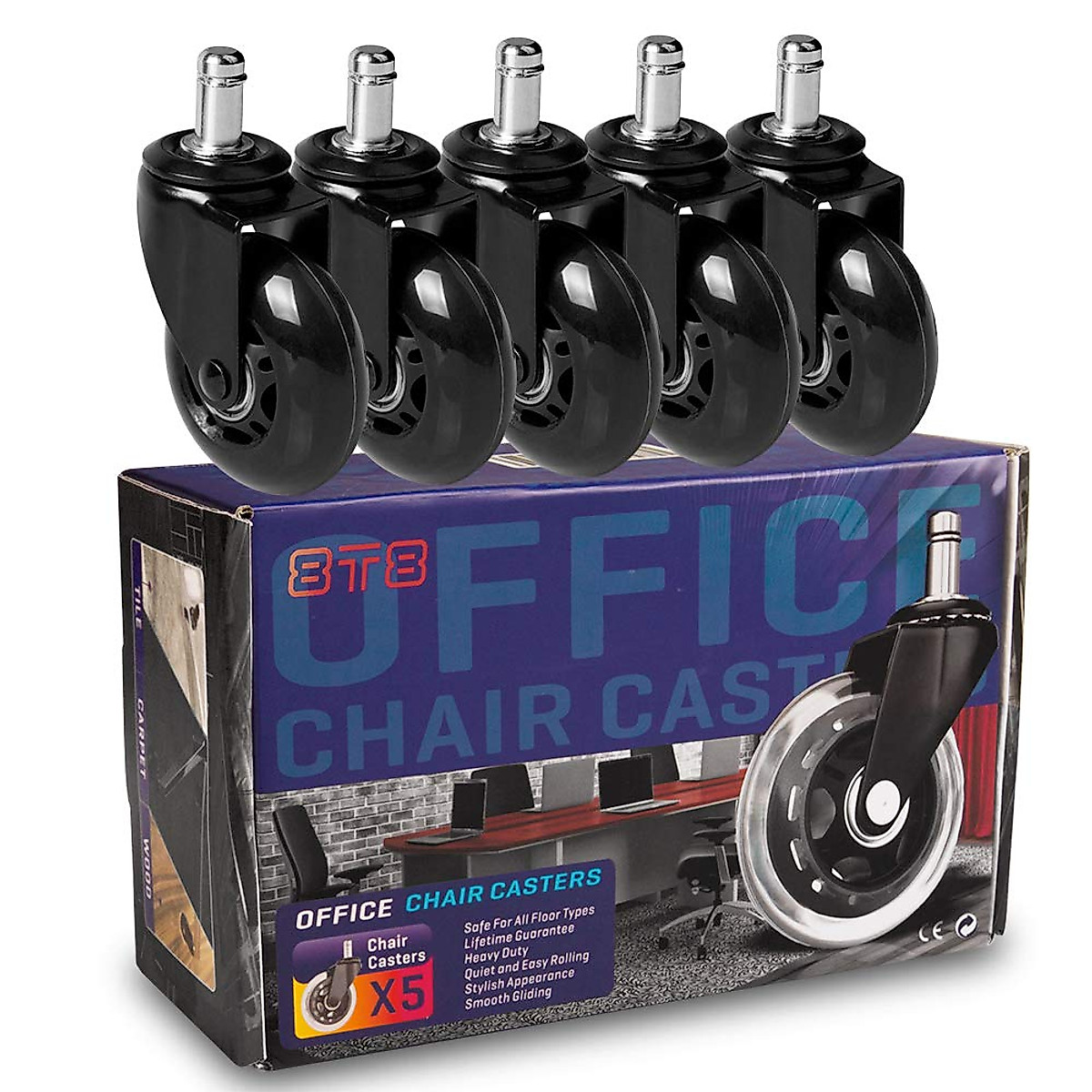 8T8 Office Chair Caster Wheels 2.5'', Swivel Caster Wheels Heavy Duty with Plug-in Stem,Quiet & Smooth Rolling, No Chair Mat Needed, Safe for Hardwood Carpet Tile Floors,Set of 5 (2.5inch, Blue)