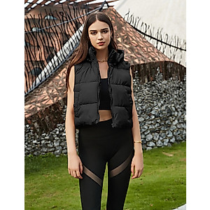 WEQULE Women's Cropped Puffer Vest Hooded Zip Up Winter Sleeveless Jacket lightweight Outwear Padded Gilet with Pockets(0001-Black-L)