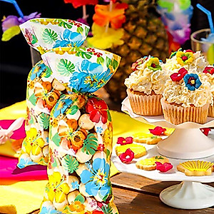 100 Hibiscus Cello Bag Tiki Party Supply Aloha Luau Party Decorations, Hibiscus Goody Bags Candy Cellophane Bag Treat Bags for Hawaii Party Summer Table Setting