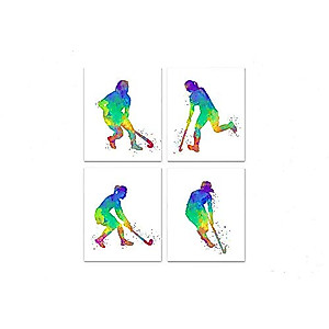 Field Hockey Player Abstract Wall Art, 8x10, Ready to Frame Set of 4 Prints, Ideal for Female Players, Coaches and Hockey Fans - Great Teen Girl Bedroom, Hockey Club Locker Room or Dorm Room Décor