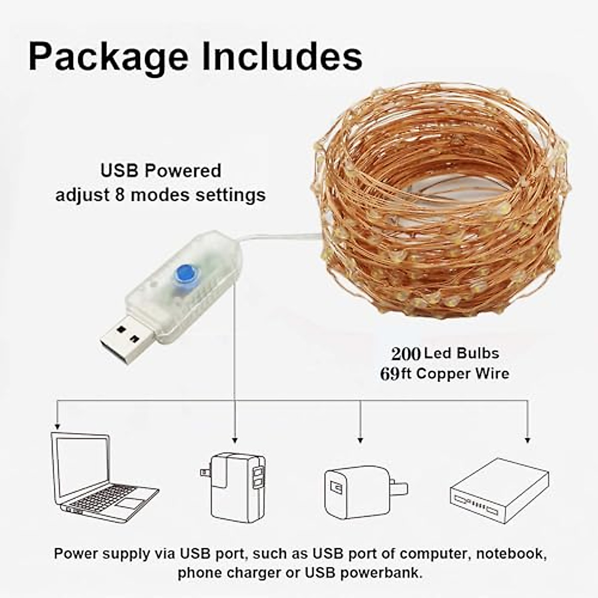 ALBERTU 200LED String Lights,USB Plug-in Waterproof Decorative Fairy Lights, Firefly Lights for Bedroom Home Garden Wedding Party Indoor Outdoor Decorations(Warm White)