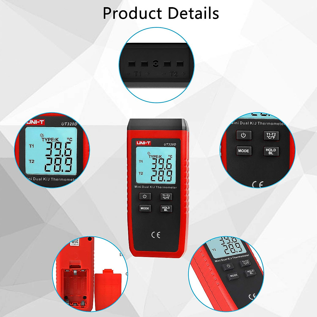 UNI-T K/J Type Thermocouple, Mini Contact Type Dual Channel Thermometer,Minus 58F to 2192F Wide Range Digital Thermometer, Pipe/Radiator/Probe Thermometer Temperature Gauge UT320D