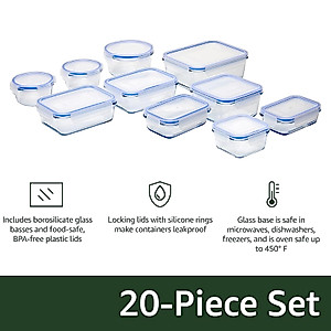 Diyrap 20-Piece Glass Meal Prep Containers, 10 Count of Bases and Plastic Lids,Glass Food Storage Containers with Lids, Airtight Glass Lunch Bento Boxes,Transparent, Blue