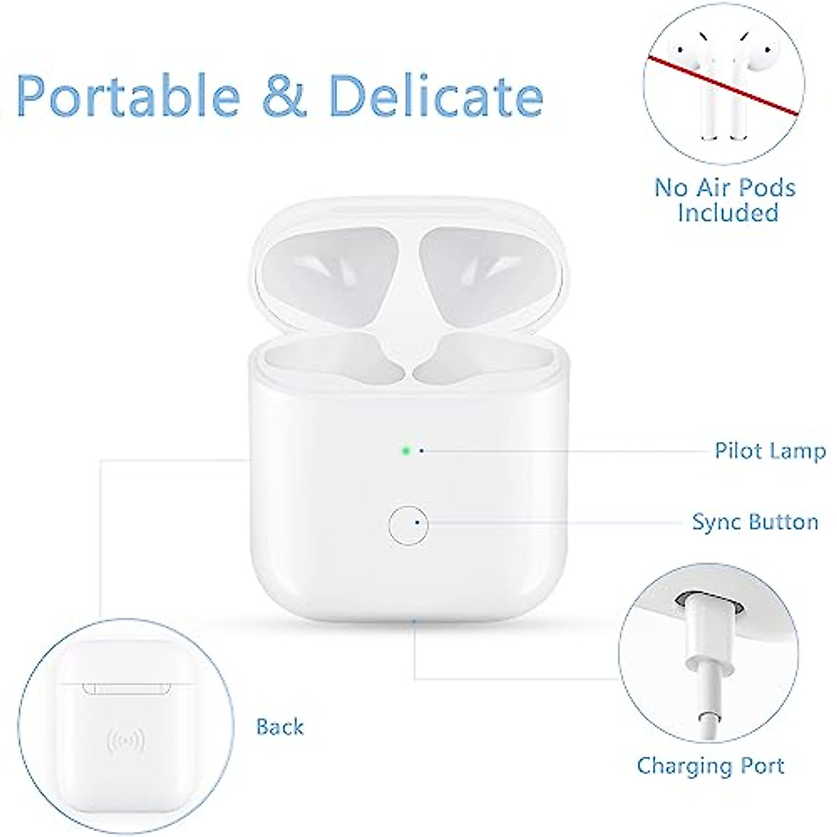Airpod Charging Case,Wireless Airpod Replacement Charging Case Compatible with AirPods 1&2,Airpod Charger Case Only,450 mAH Airpod Battery Replacement with Bluetooth Pairing Sync Button,Cool White