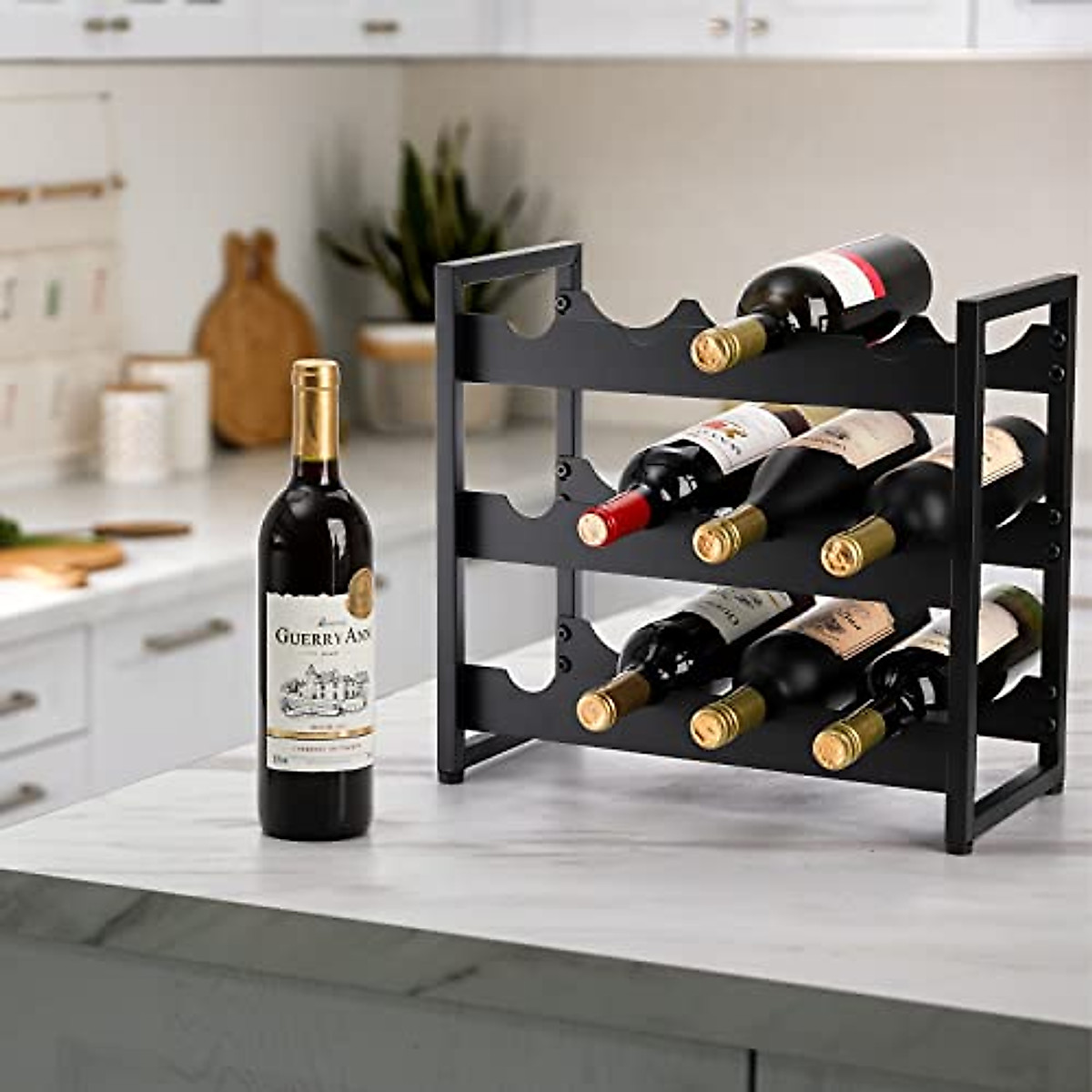 AVLA Metal Wine Rack Freestanding, Rustic 3 Tier Countertop Bottle Holder, Liquor Display Storage Organizer Stand, 12 Bottles Solid Floor Wine Cabinet Shelf for Kitchen, Tabletop, Bar, Dining Room