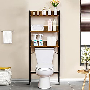 usikey Over The Toilet Storage Rack, 3-Tier Bathroom Shelf Over The Toilet, Multifunctional Toilet Storage Rack, Freestanding Above Toilet Stand with Metal Frame for Bathroom, Rustic Brown & Black