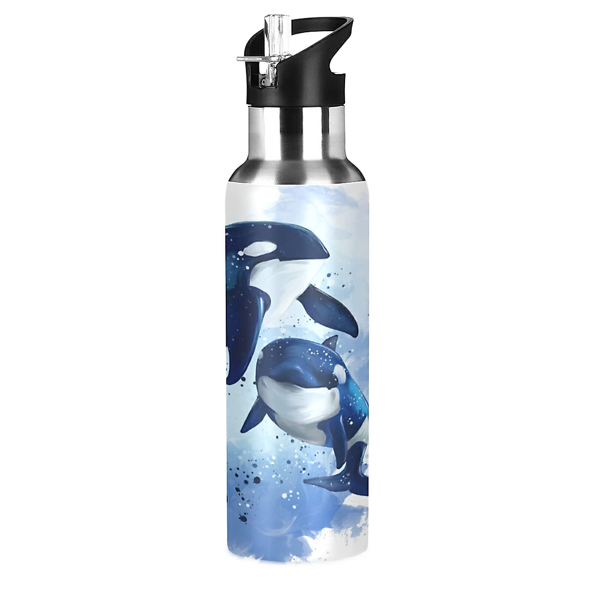 TropicalLife Insulated Water Bottle Watercolor Ocean Killer Whale Water Bottle with Straw Stainless Steel Bottle Vacuum Insulated Tumblers for School Sports