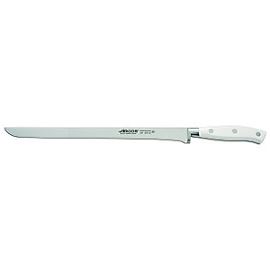 ARCOS Forged Slicing Knife / Ham Knife 12 Inch Nitrum Stainless Steel and 300 mm blade. Ergonomic Polyoxymethylene POM Handle. Series Riviera Blanc. Thin blade with a characteristic smooth edge. Color White.