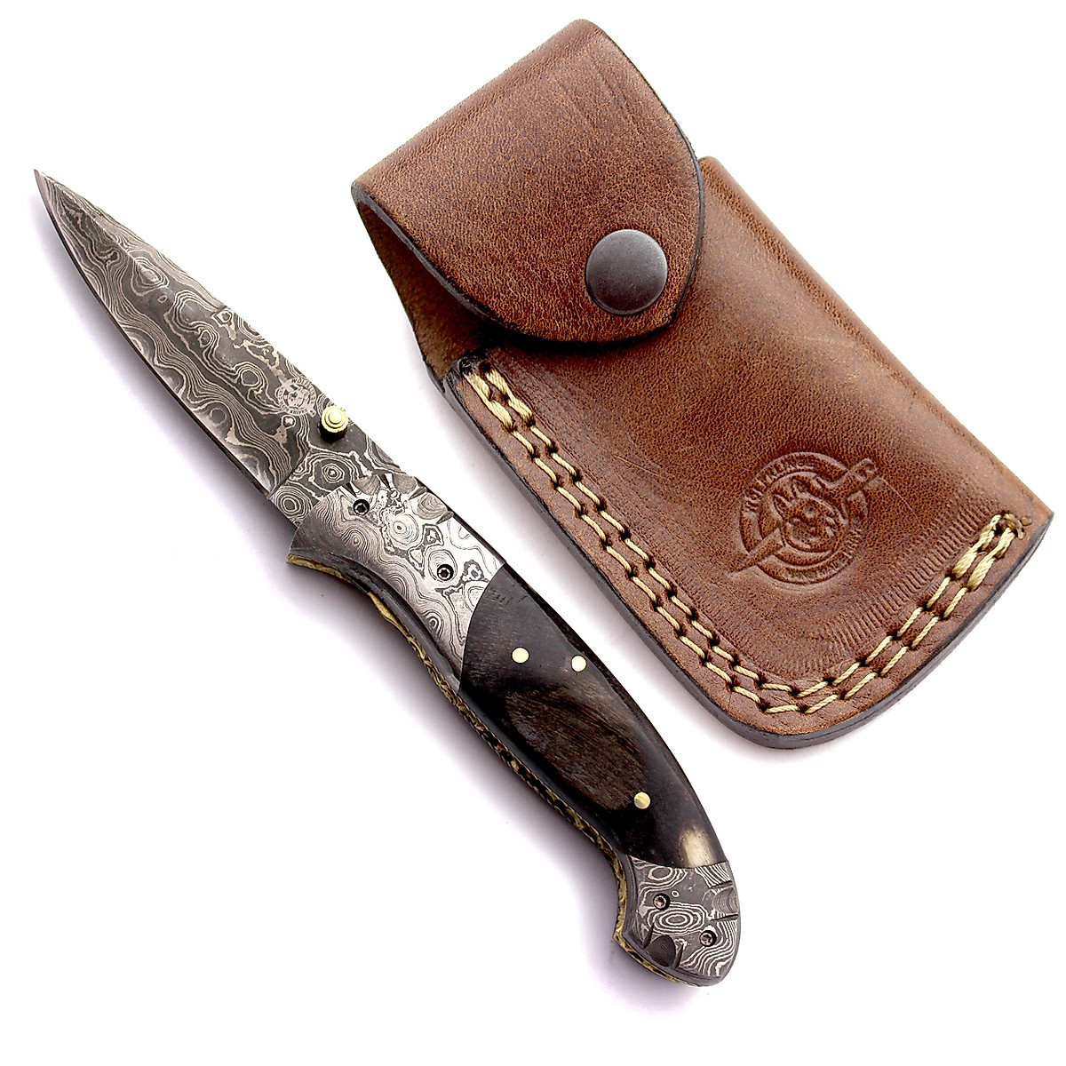WolfKlinge Handmade Damascus Folding Pocket Bowie Knife For EDC,Hunting,Survival,CampingBushcrfat,Skinning and Fishing with Full Tang Micarta and Cowhide-Leather Sheath For-Men and Women-(DCF97 - Fireball)
