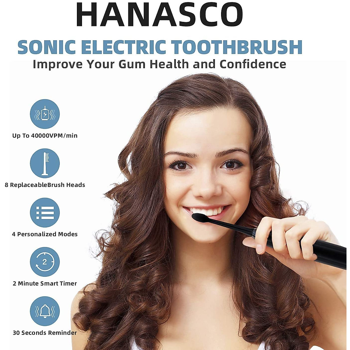 Hanasco Sonic Electric Toothbrush for Adults, 4 Modes with 2 Minute Timer, 8 Brush Heads Included, Whitening Clean 4 Hours Charge for 100 Days Use, Soft Bristles, 38,000 VPM Black