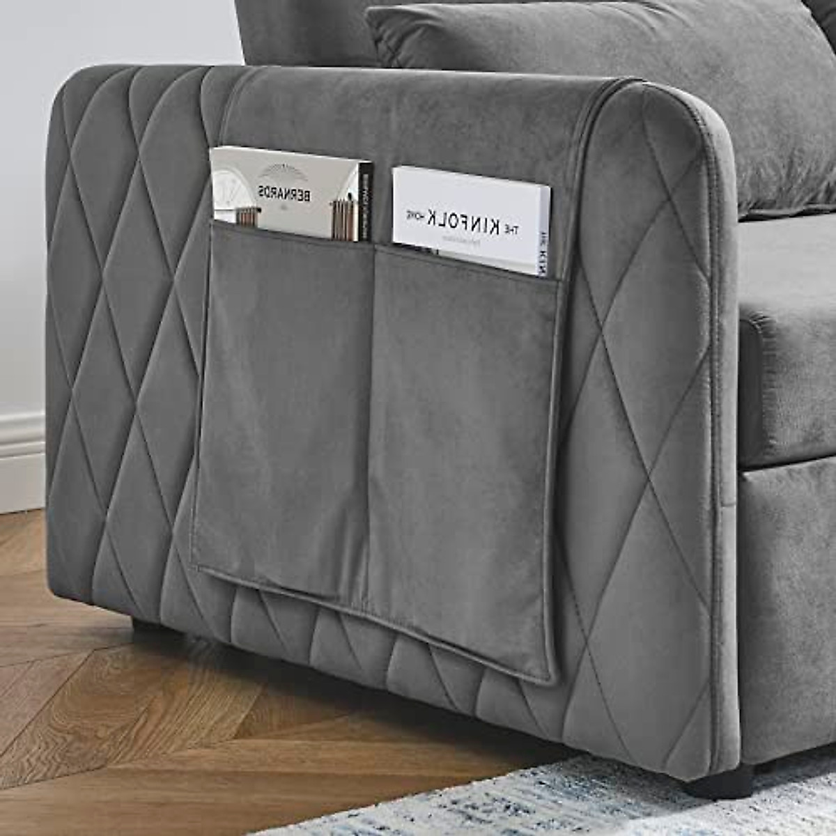 FANYE Loveseat Pull Out Sleeper Bed,2 Seater Sofa & Couch W/Adjustable Backrest Home Apartment Office Living Room Furniture Sets Sofabed, Gray Velvet Twin Two Pillows Side Pockets