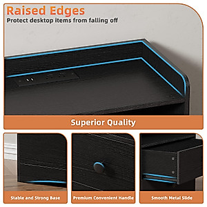 Memobarco Nightstand with Charging Station and LED Light,Modern Nightstand with USB Ports and Outlets,Wooden Bedside Tables with 2 Storage Drawers,Small Dresser for Bedroom Small Space,Black