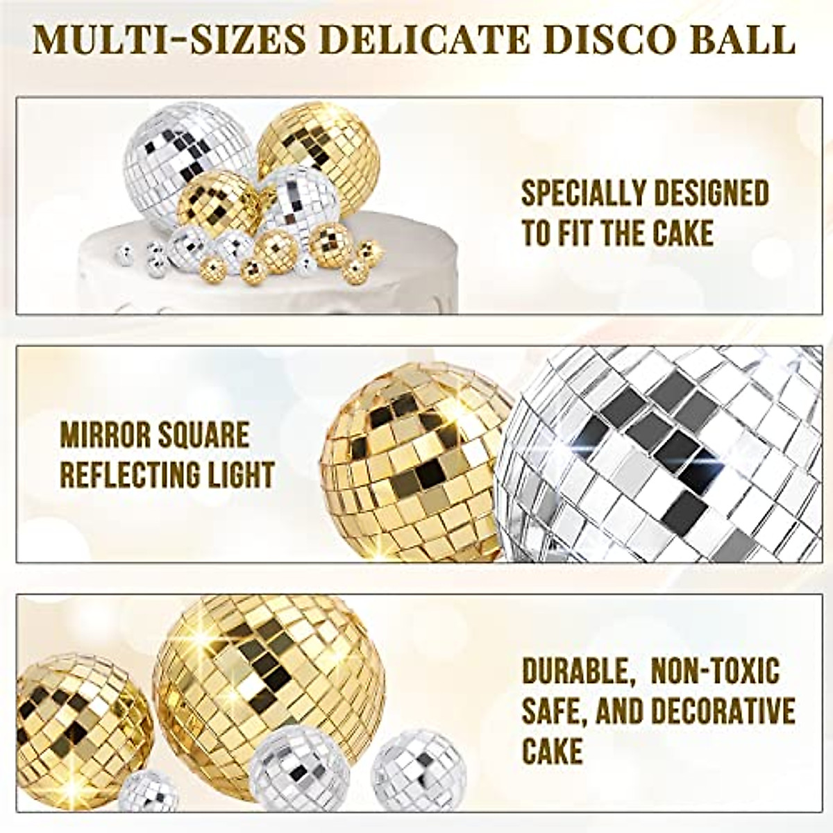 Ayfjovs 18 PCS Disco Ball Cake Decoration Disco Ball Cake Toppers Disco Table Decoration Cake Centerpiece with Confetti Decor 70s Disco Themed Cake for Birthday Theme 70s Party Supplies(Silver&Gold)