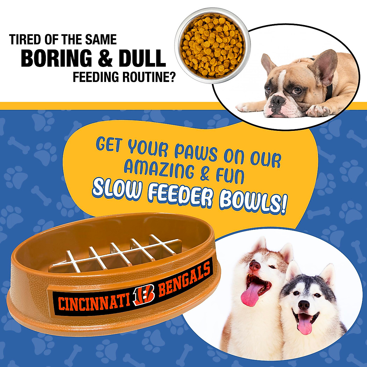NFL Super-Bowl - Cincinnati Bengals Slow Feeder Dog Bowl. Football Design Slow Feeding Cat Bowl for Healthy Digestion. Non-Slip Pet Bowl for Large & Small Dogs & Cats